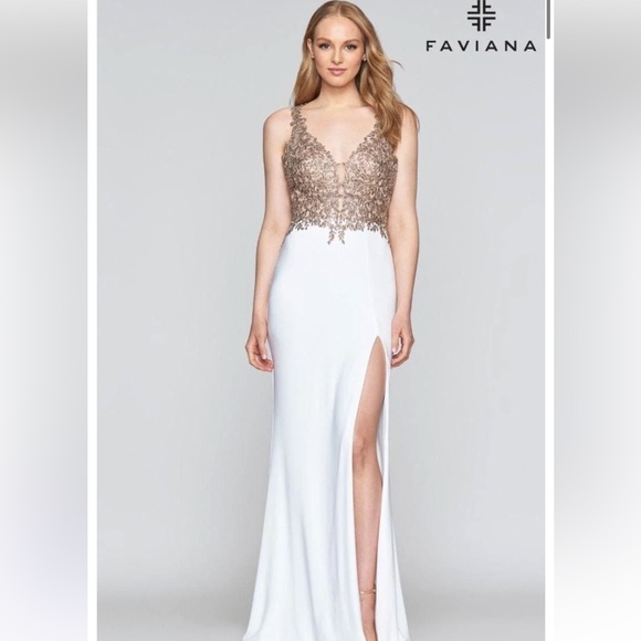 Faviana | Dresses | Beautiful White Faviana Dress With Gold Detailing ...